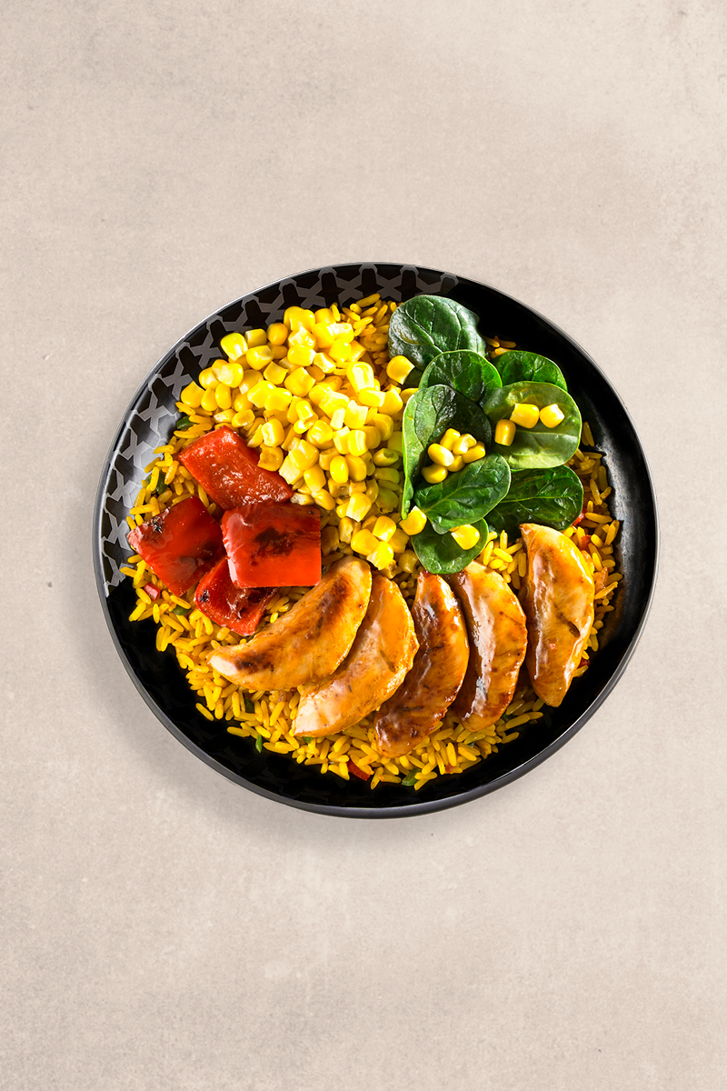 Roasted Corn & Red Pepper Boujee Bowl with Chicken Strips