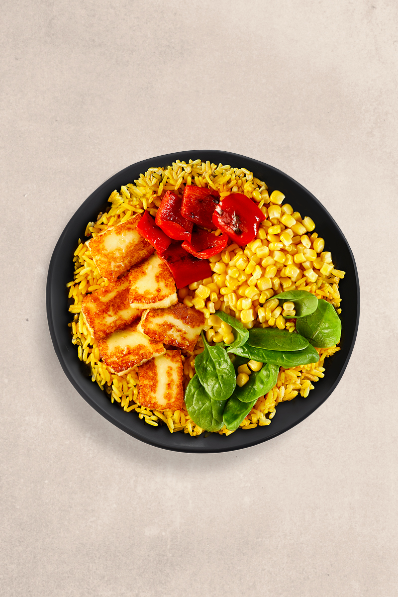 Roasted Corn & Red Pepper Boujee Bowl with Halloumi