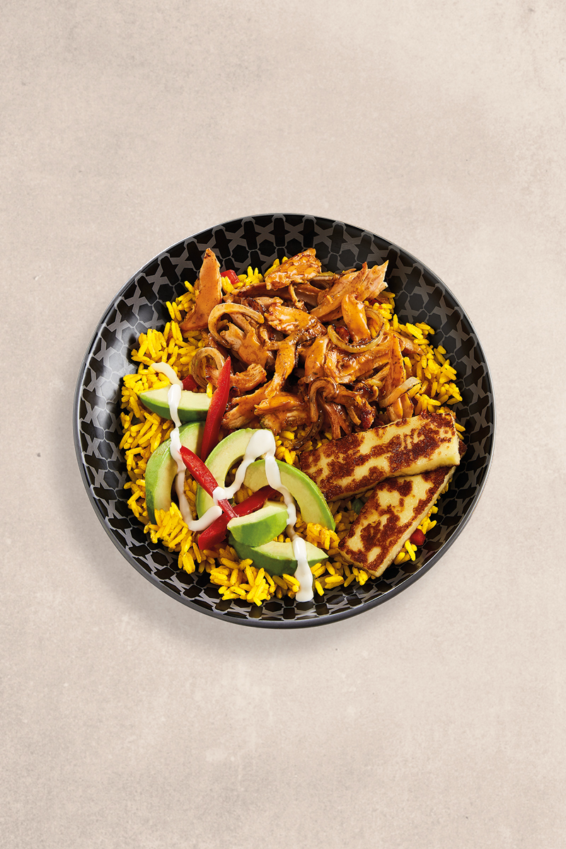 Avo & Halloumi Boujee Bowl with Pulled Chicken